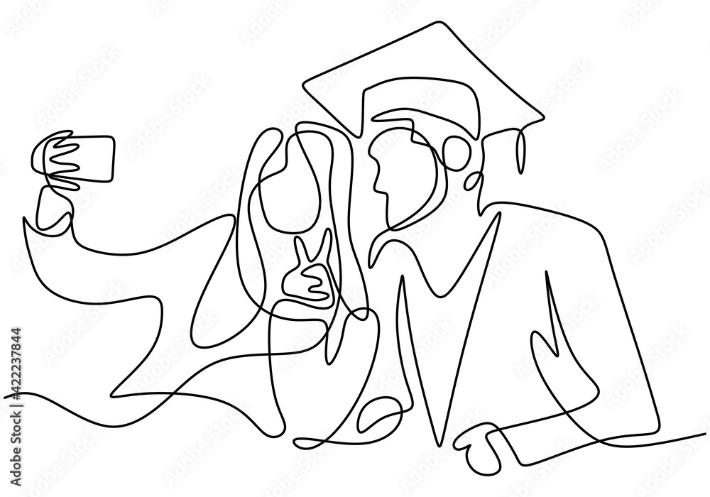 Continuous line drawing of happy graduation student taking selfie photo ...