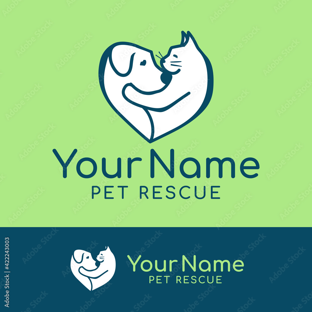 Dog and cat, pet caring logo with heart shape. Animal rescue modern ...