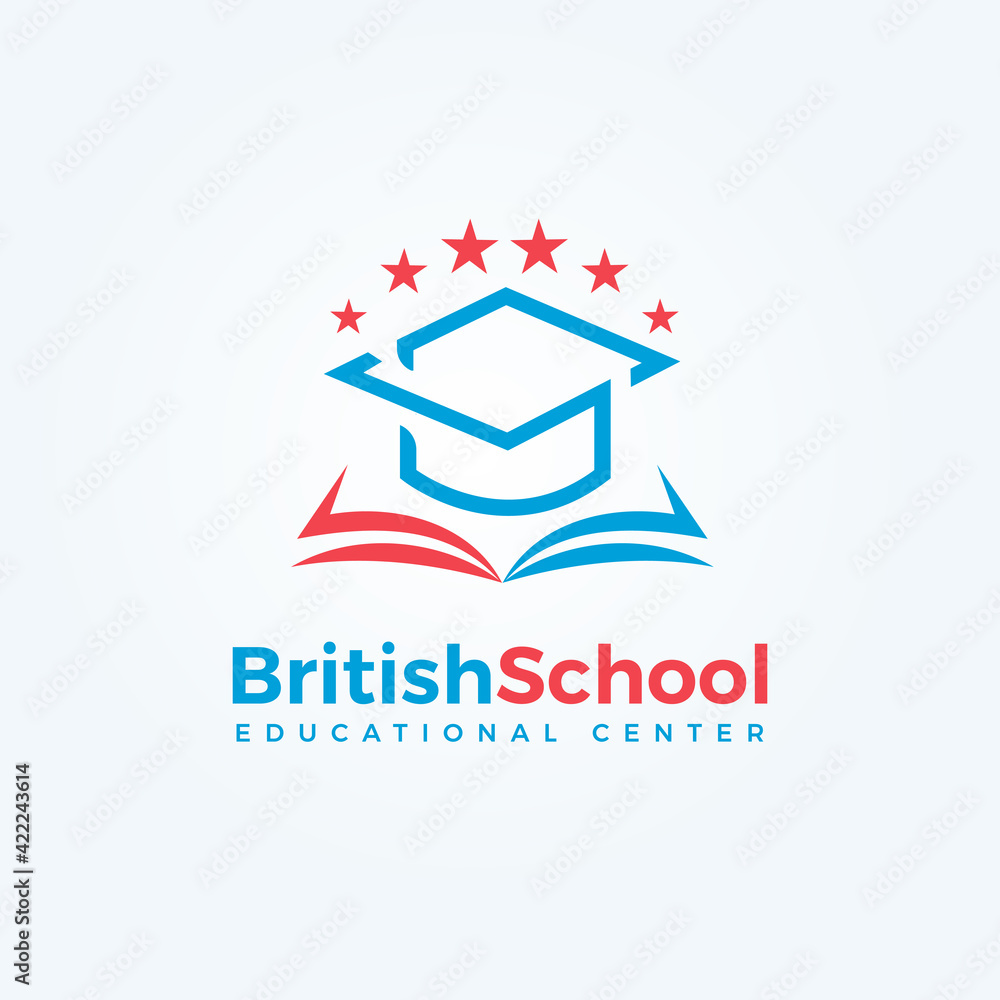 British School logo. Open book and graduation cap icon. Knowledge and ...
