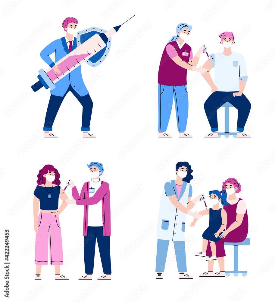 Flu or viral vaccination characters set, cartoon vector illustration ...