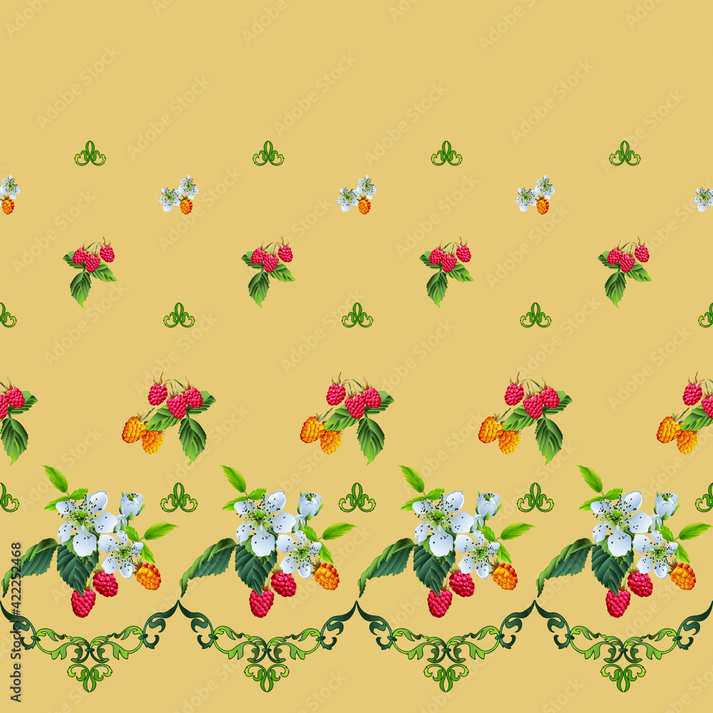 Seamless border with red and yellow raspberries, green leaves and ...