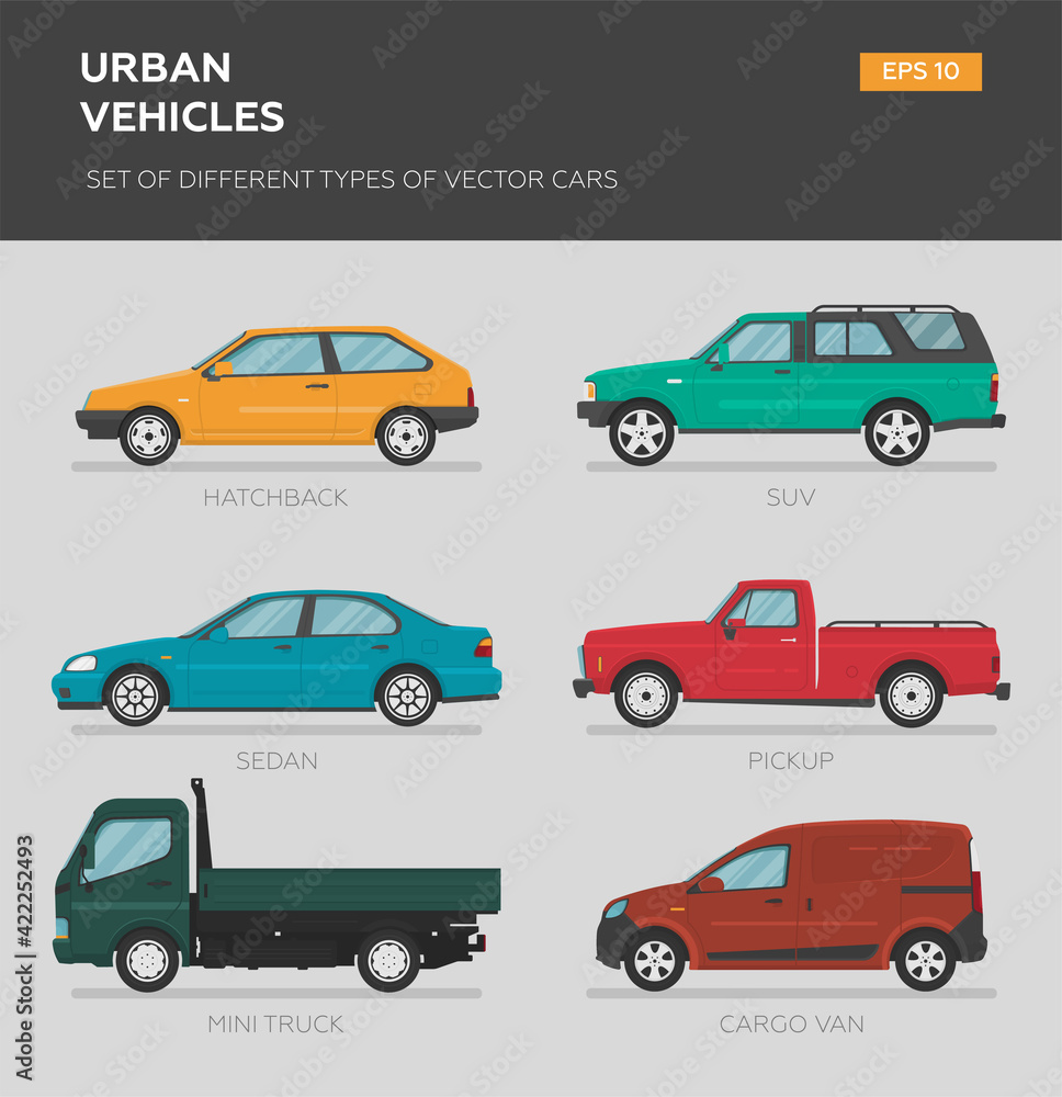 Urban vehicles. Set of different types of vector cars: sedan, hatchback ...