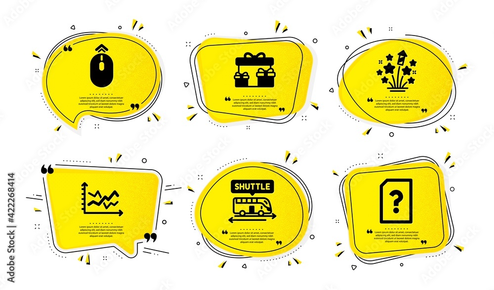 Shuttle bus, Diagram chart and Swipe up icons set. Fireworks stars ...