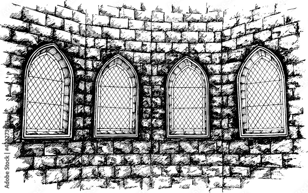 Gothic style window or Romanesque architecture vector sketch image ...
