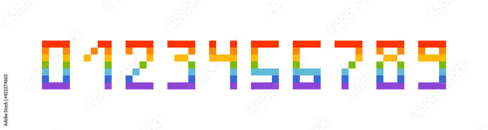 Pixel art 8 bit rainbow 0 to 9 number font isolated on white background ...