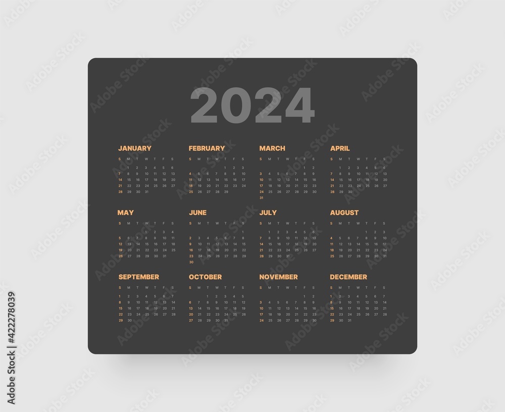 Monthly calendar for 2024 year. Week Starts on Sunday. Stock Vector ...