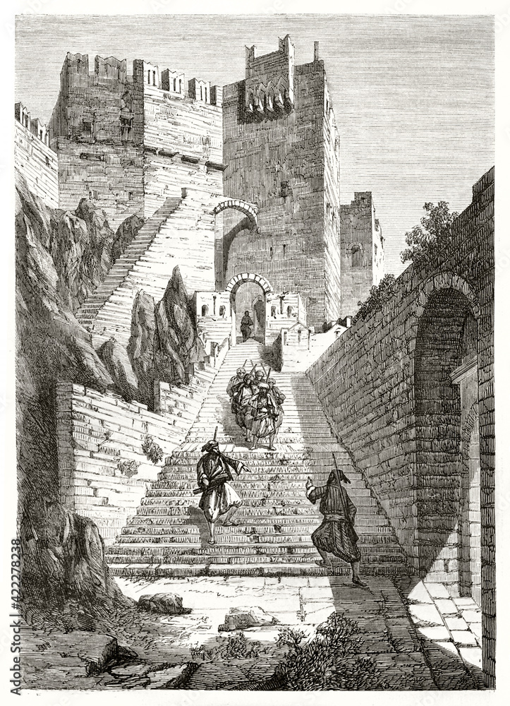 main stairway going up to Lindos castle gate, Rhodes, and soldiers ...