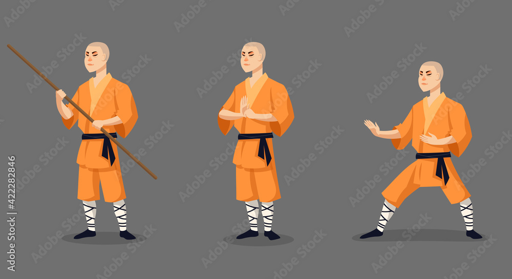 Shaolin monk in different poses. Male character in cartoon style. Stock ...