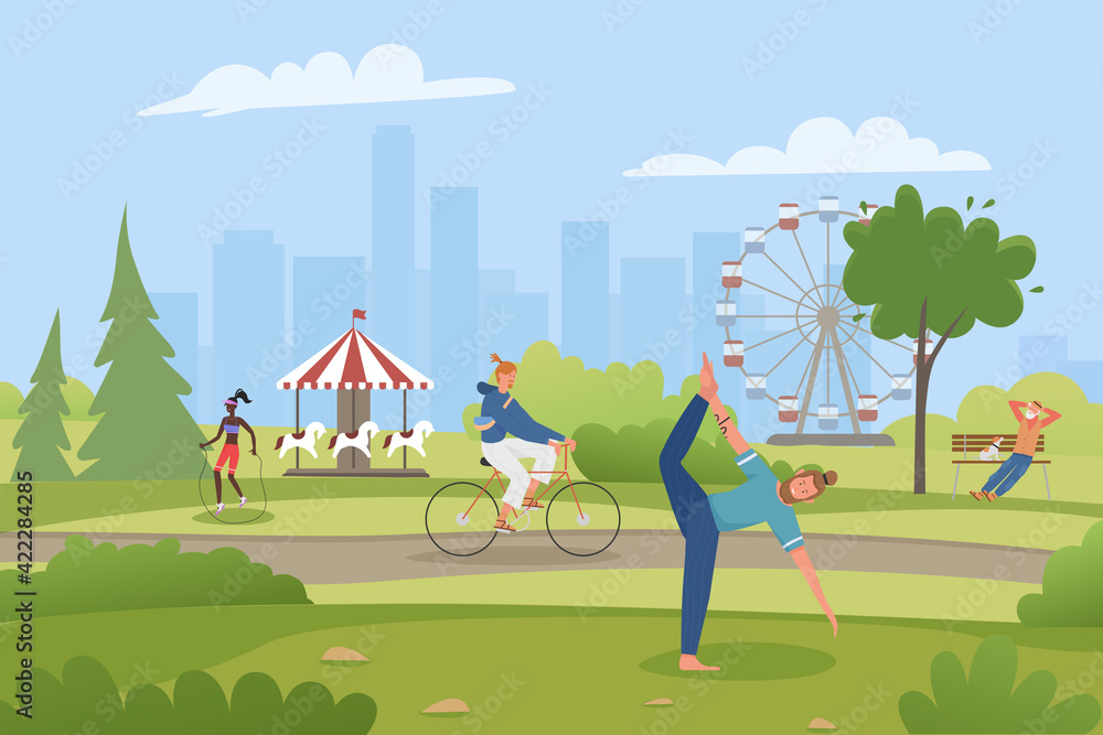 Summer amusement city park with people resting vector illustration ...