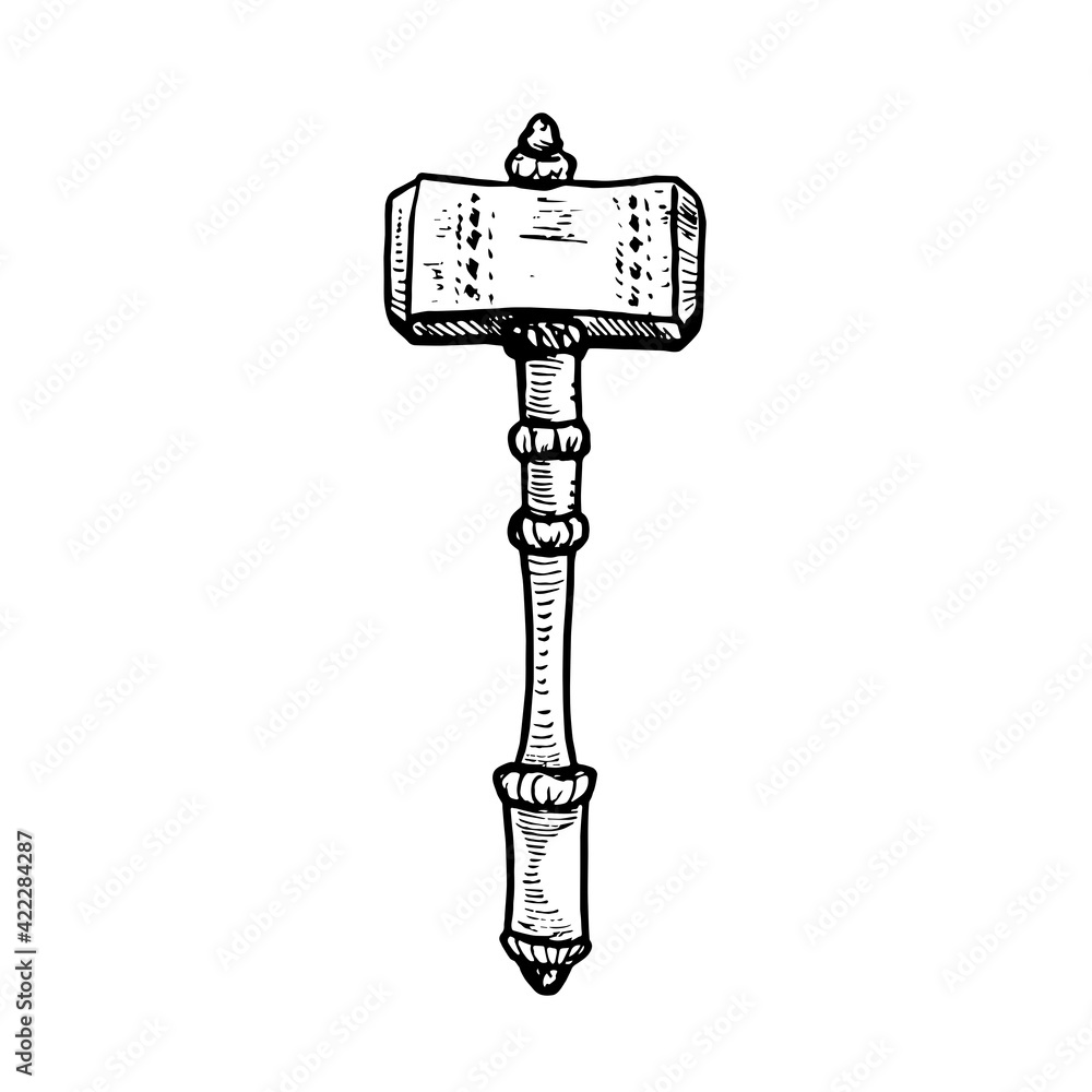 Battle hammer with wooden handle, gravure style hand drawn vector ...