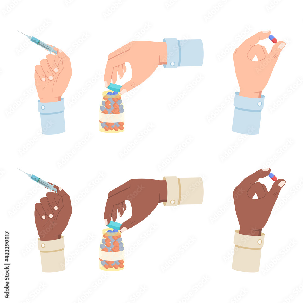 Hand holding syringe, pill and container with pharmacological drugs ...