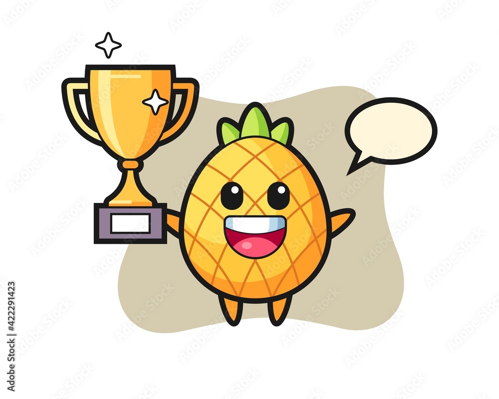 Cartoon Illustration of pineapple is happy holding up the golden trophy ...