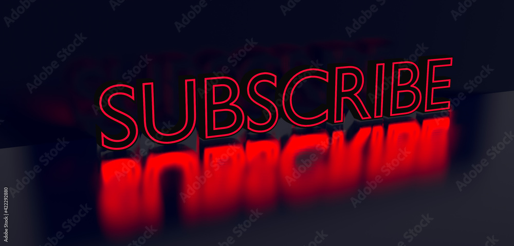 Subscribe word in neon lights with reflection on the floor and ...