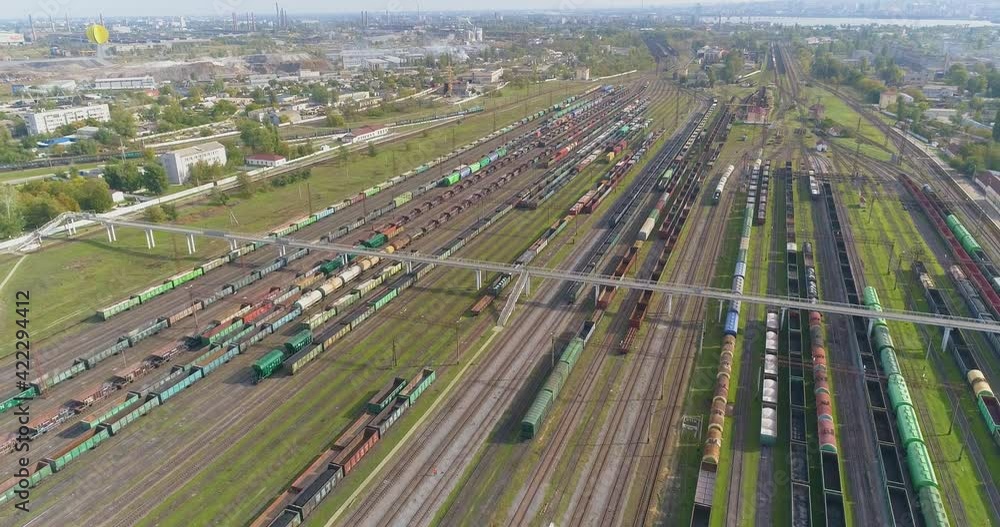 Large industrial railway depot. Trains are parked at the depot at the ...
