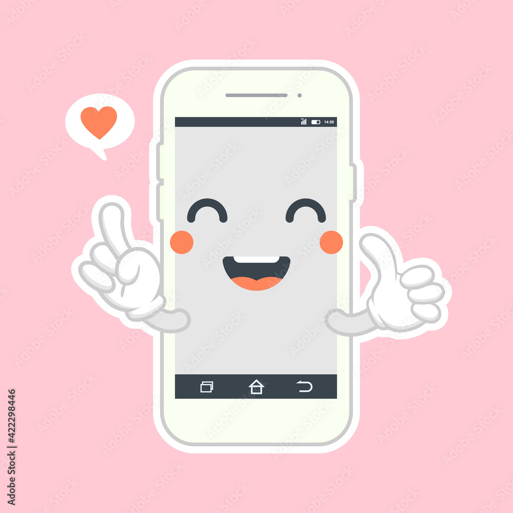 Cute and kawaii smartphone flat design, mobile phone cartoon character ...