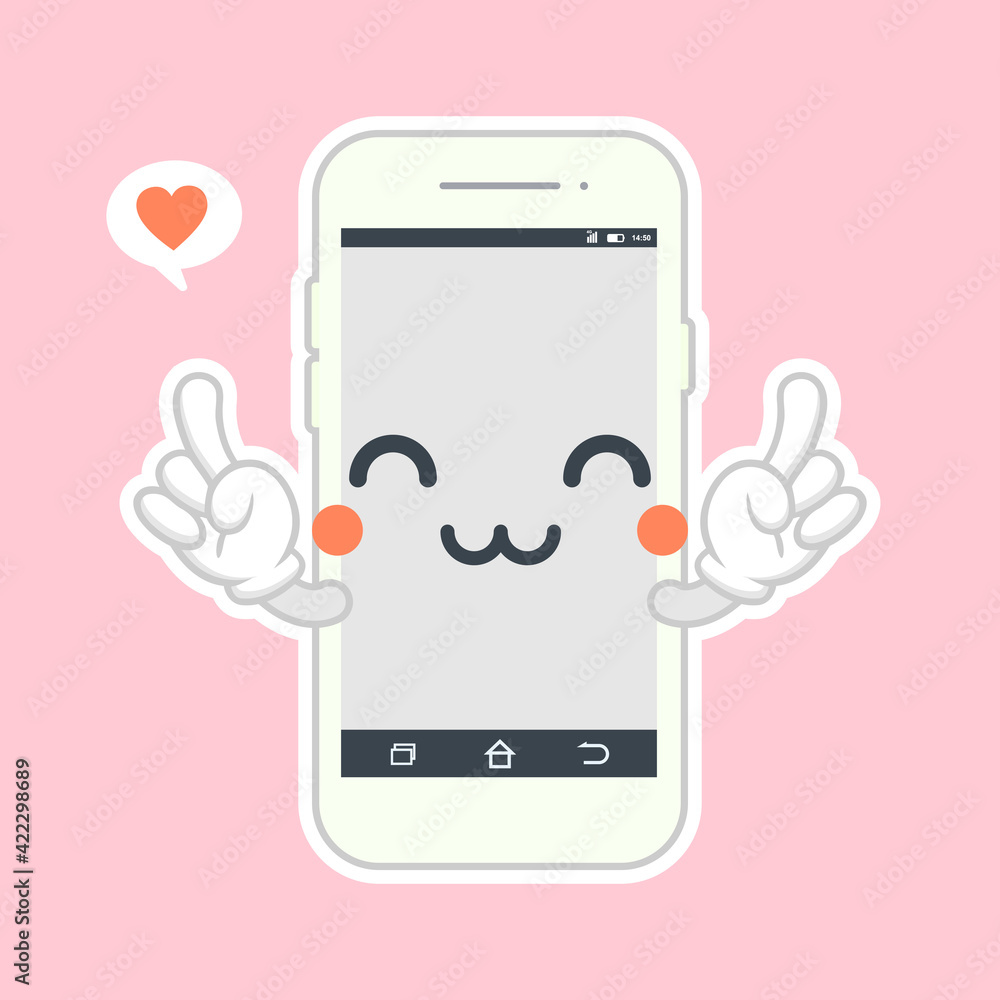 Cute and kawaii smartphone flat design, mobile phone cartoon character ...