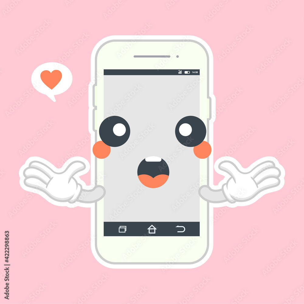 Cute and kawaii smartphone flat design, mobile phone cartoon character ...