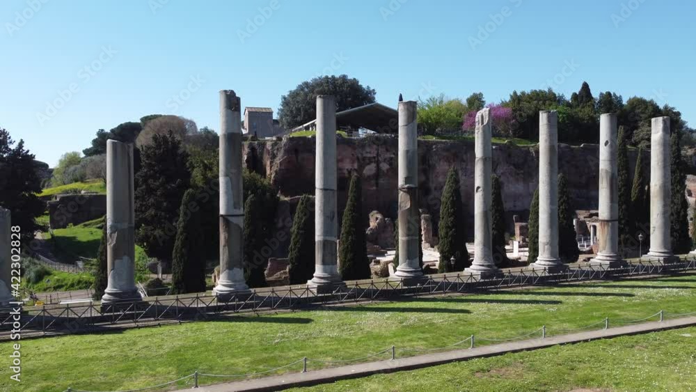 Ancient Rome, the columns of the temple. Aerial view with lateral ...