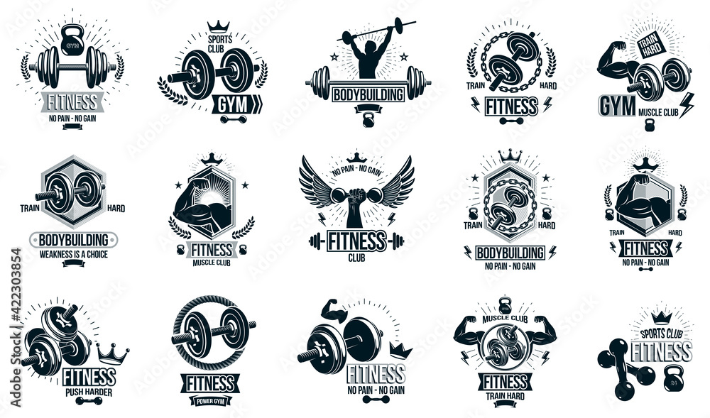 Gym fitness sport emblems and logos vector set isolated with barbells ...
