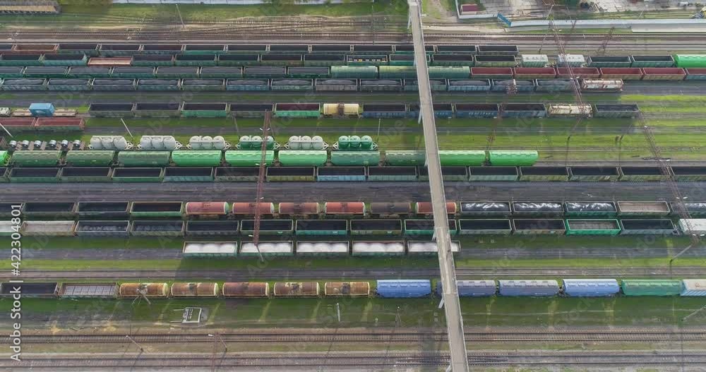 large railway interchange with freight trains top view. Top view of ...