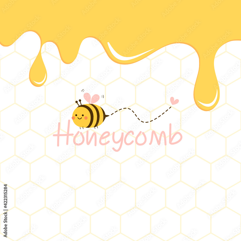 Honeycomb with hexagon grid cells and flying bee cartoon on white ...