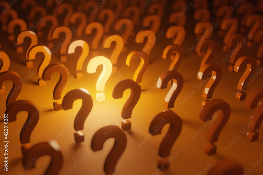 Bright question mark illuminating light in the middle of several other ...