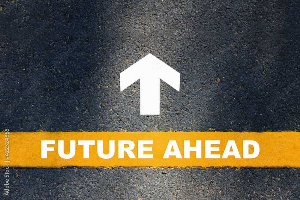 Future ahead word and arrows sign with yellow starting line on road ...