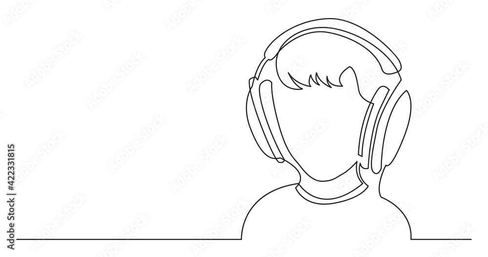 continuous line drawing of boy listening music in headphones Stock ...