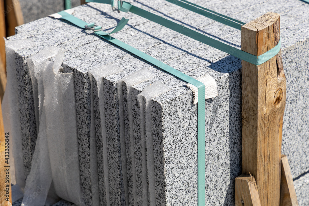 Stack of polished granite slabs close-up. Decoration material from ...