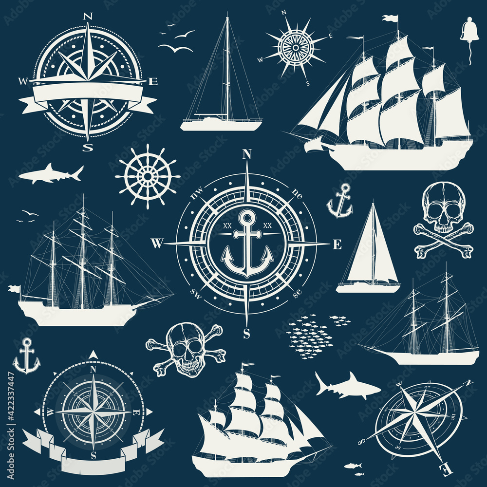 Set of nautical design objects, sailing ships, yachts, compasses Stock ...