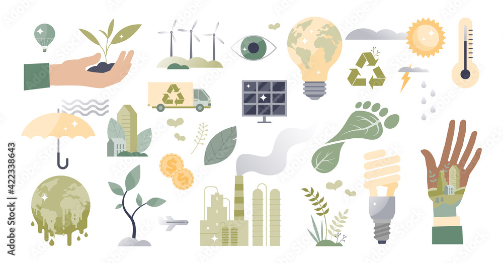 Climate action and sustainable environment lifestyle set tiny person ...