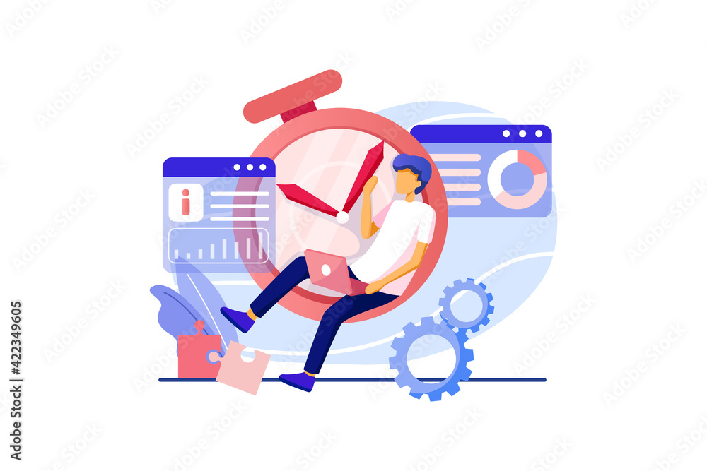 Young man controls time and project management. Concept businessman ...