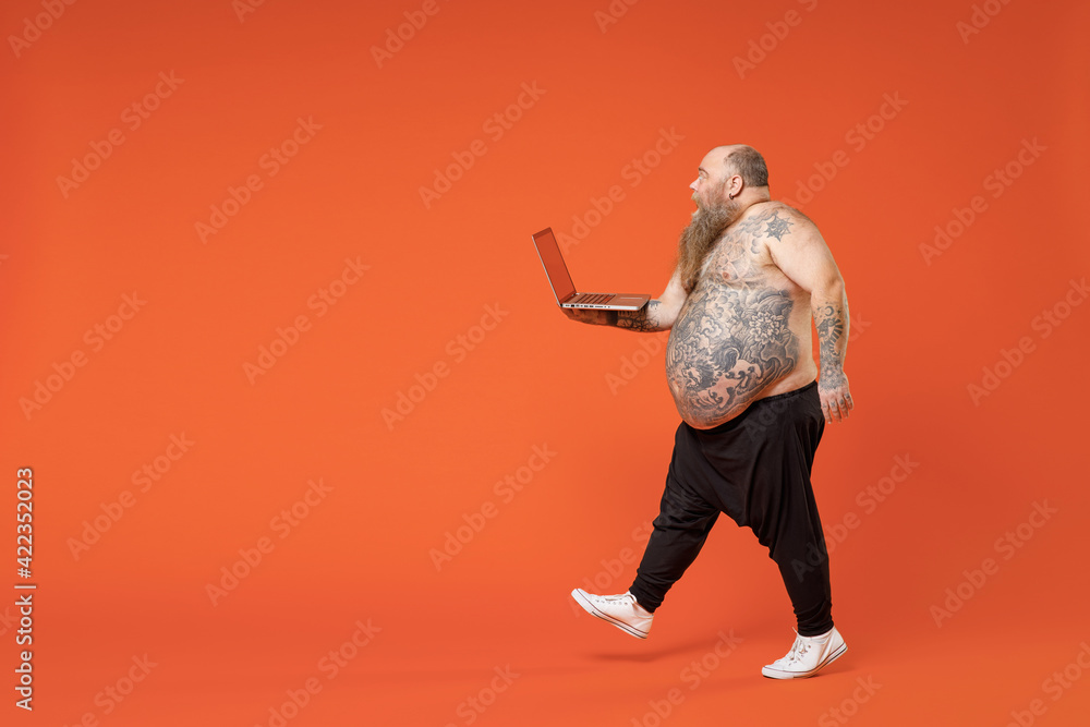 Full length side view fat fun pudge obese chubby overweight tattooed ...