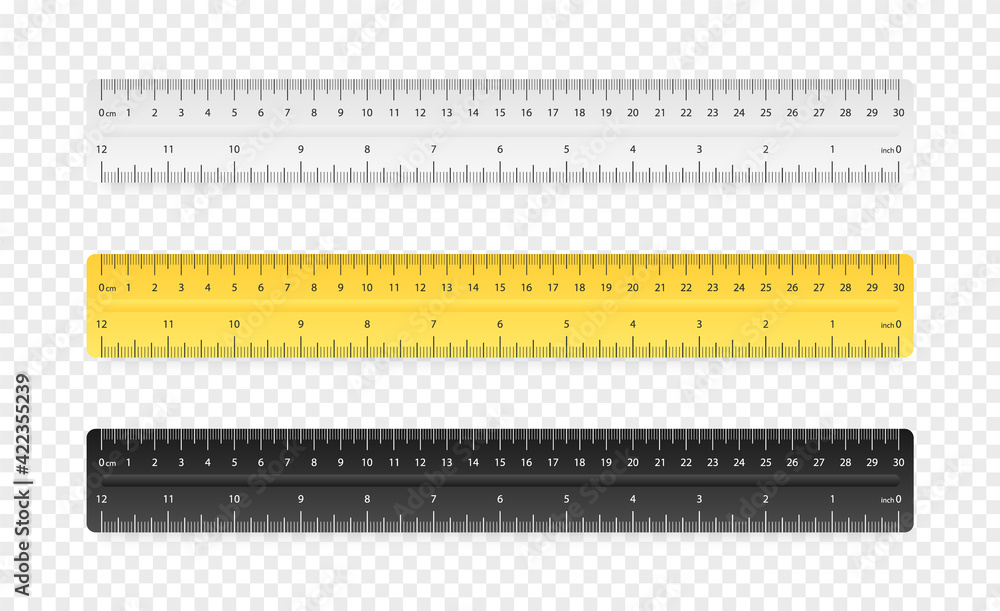 Set of three rulers on transparent background. Plastic yellow, black ...