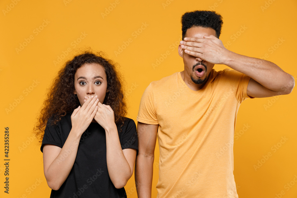Young couple two sad friends family shocked african man woman together ...