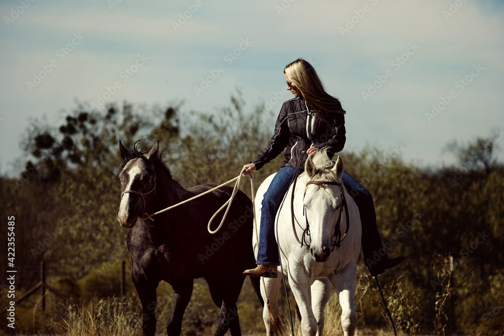 Western lifestyle shows woman riding horse bareback while ponying mare ...