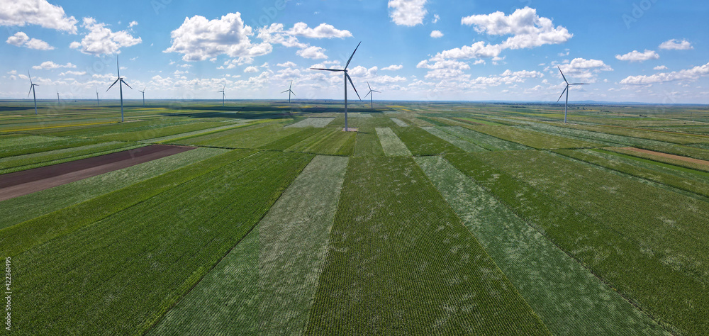 Aerial view of wind turbines in corn and soybean field. Beautiful ...