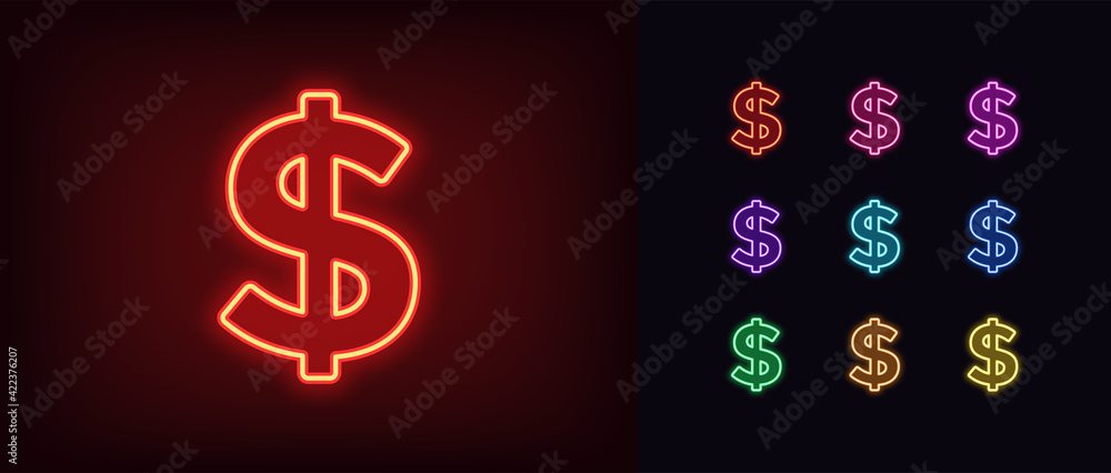 Poster Neon dollar icon. Glowing neon dollar sign, outline money symbol ...