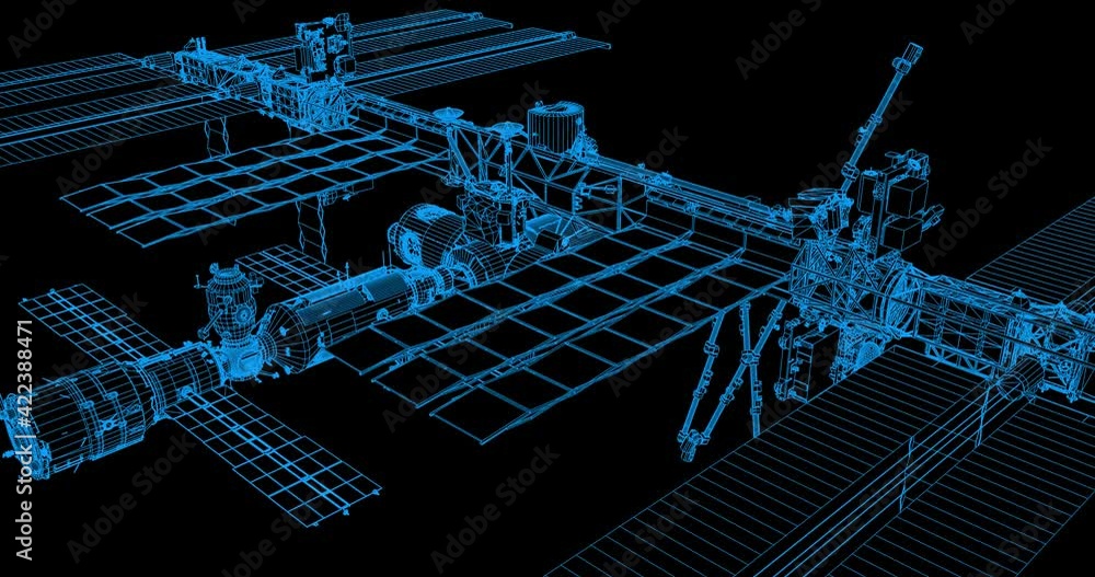 Slowly rotating 3D schematic wireframe of the ISS, looking downward ...