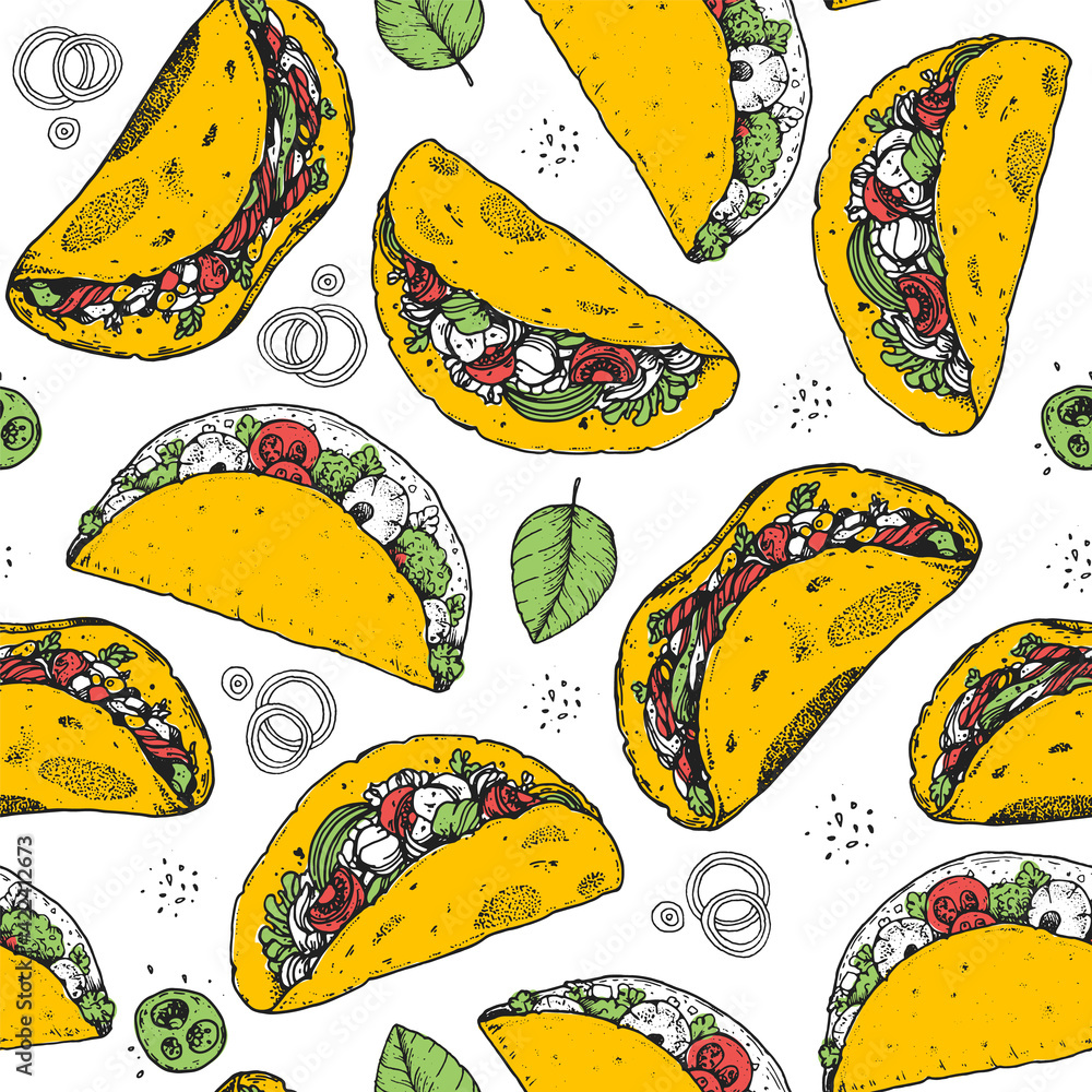 Tacos seamless pattern, hand drawn illustration. Mexican cuisine. Fast ...