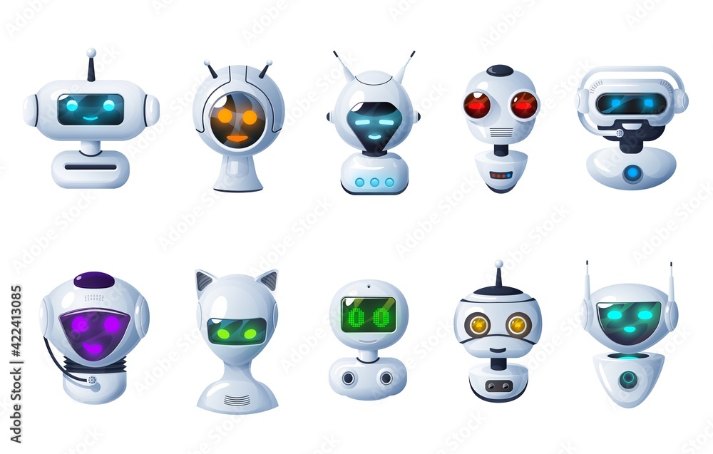 Chat bot icons, cartoon robots, vector cyborg heads with digital glow ...