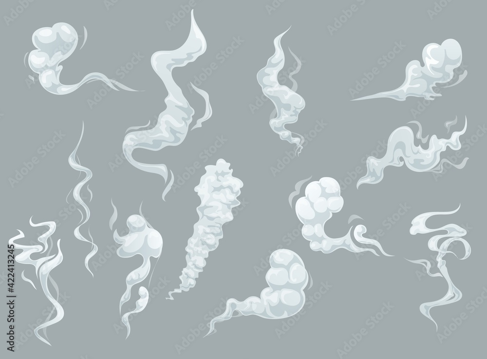 Cartoon smoke and fog clouds, white vector aroma or toxic steaming ...