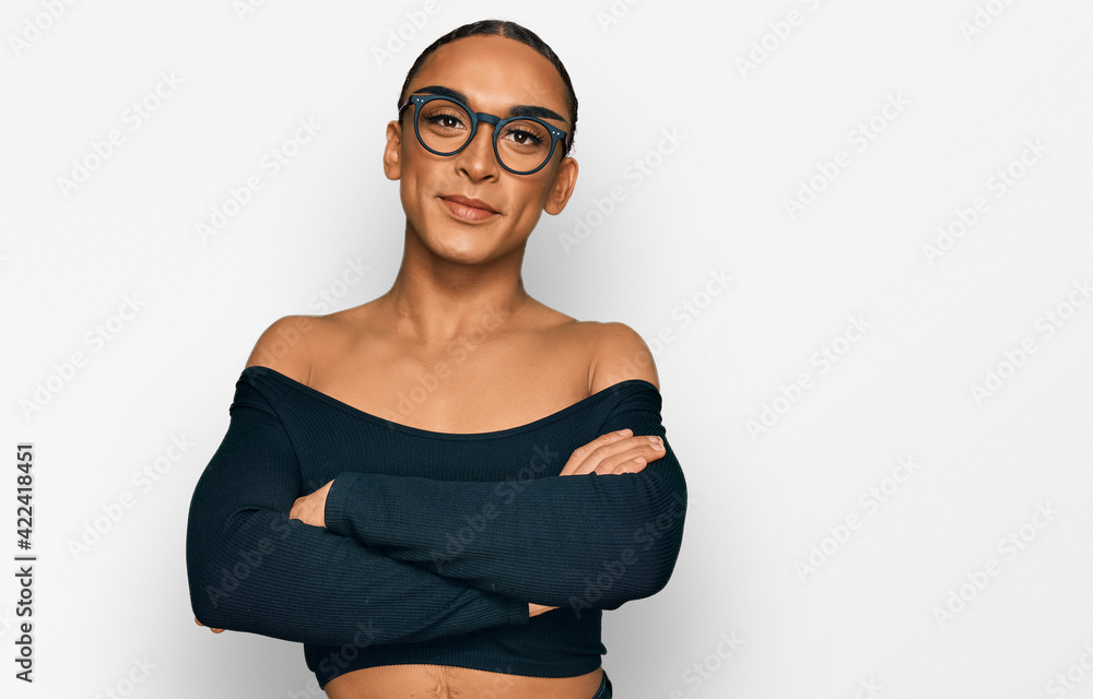Hispanic transgender man wearing make up and long hair wearing women ...
