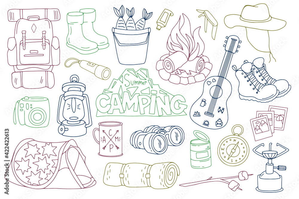 Summer camping set vector, hand drawn and doodles collection. Adventure ...