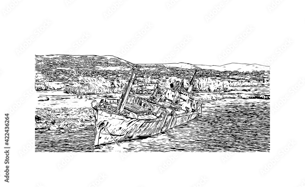 Building view with landmark of Paphos is the city in Cyprus. Hand drawn ...