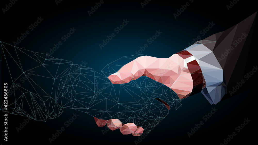 Human handshake hands, vector poster banner design template. Low poly ...