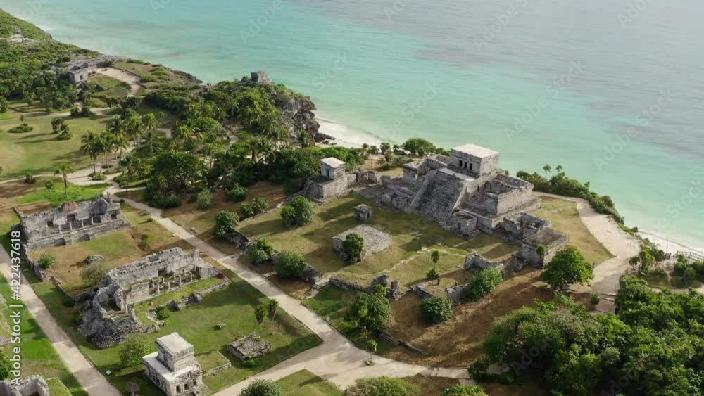 Drone video of the Mayan pyramids. Ancient buildings with temples stand ...