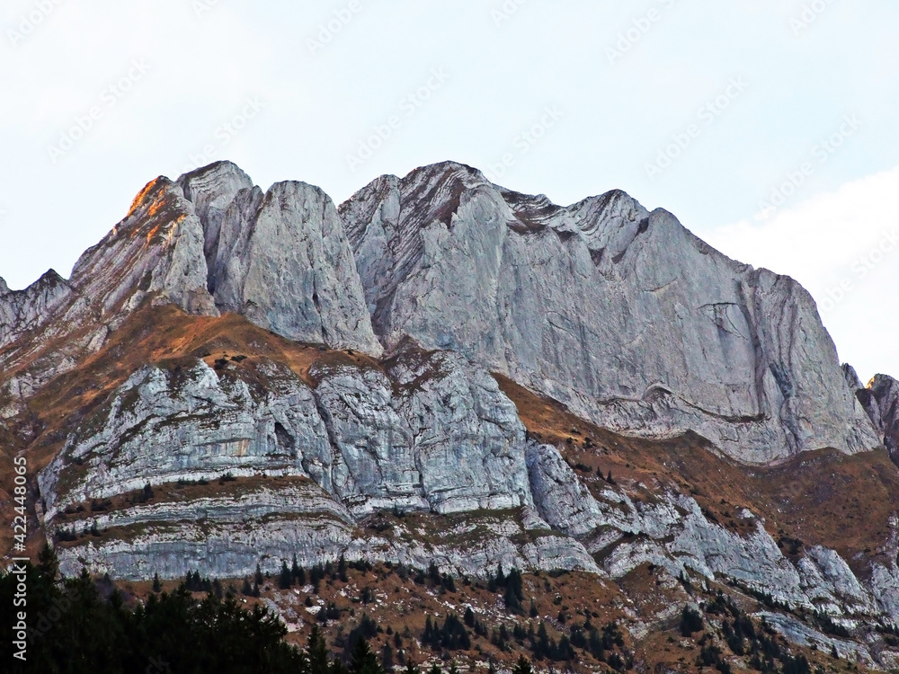 Rocky alpine peak Läden (Laeden or Laden) in the Alpstein mountain ...