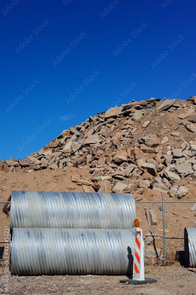 Corrugated culvert pipes at site of construction waste disposal Stock ...