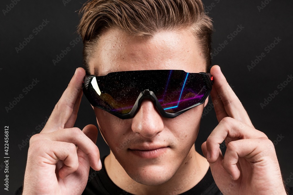 Man wearing AR glasses/AR smart glasses/smart glasses futuristic ...